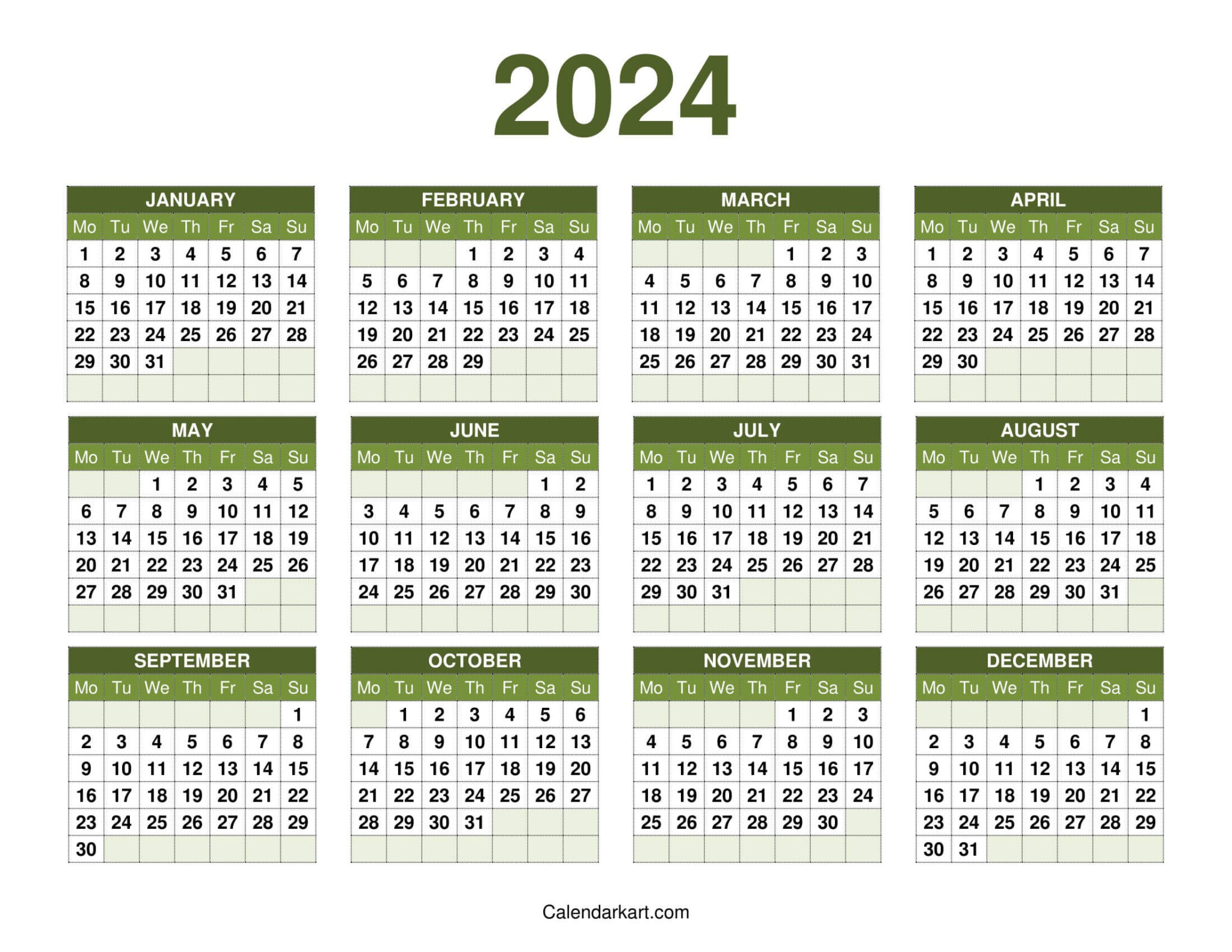 Monday Start Calendars 2024 - CalendarKart