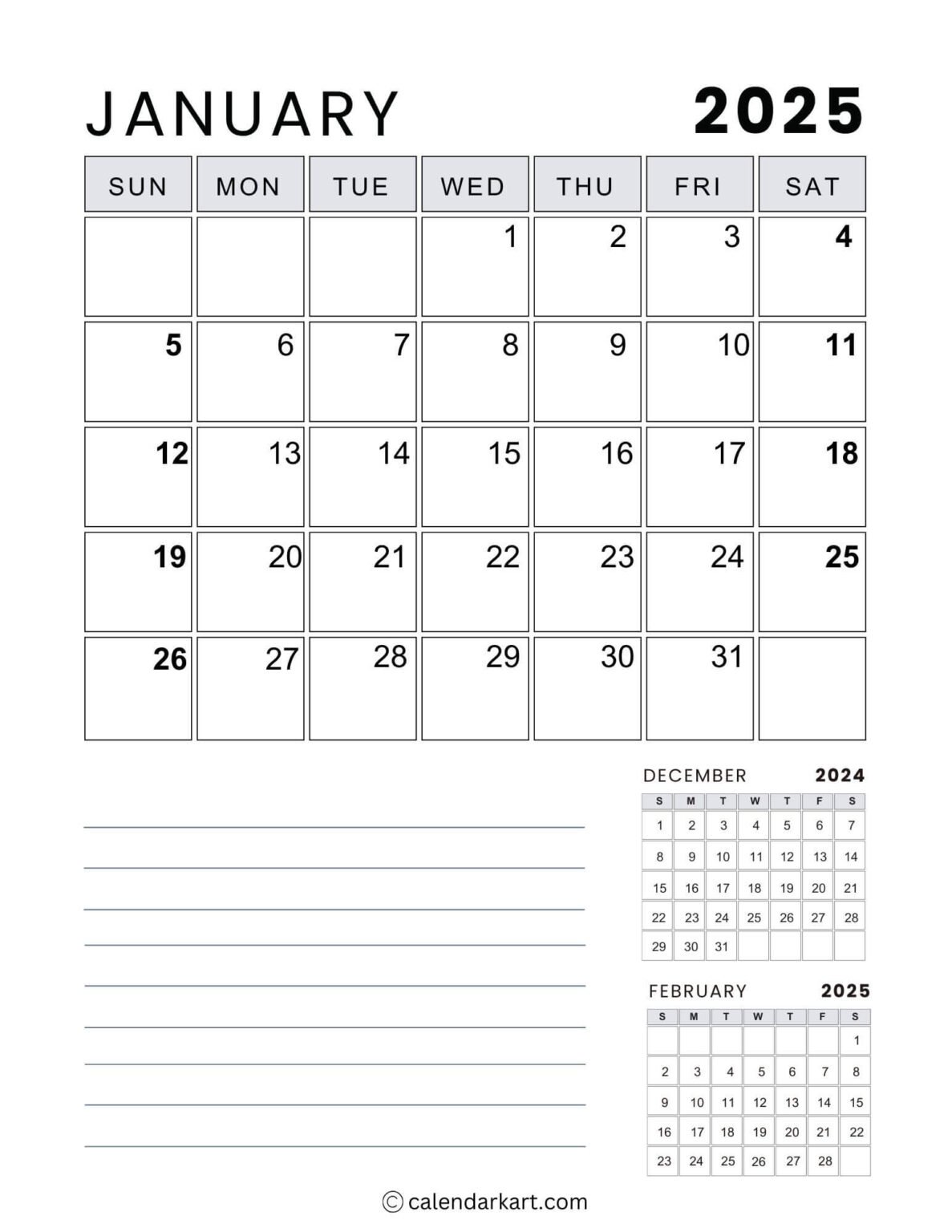 40+ Printable January 2025 Calendars | free pdf | Calendarkart