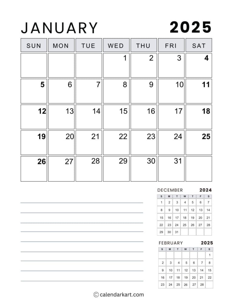 40+ Printable January 2025 Calendars | free pdf | Calendarkart