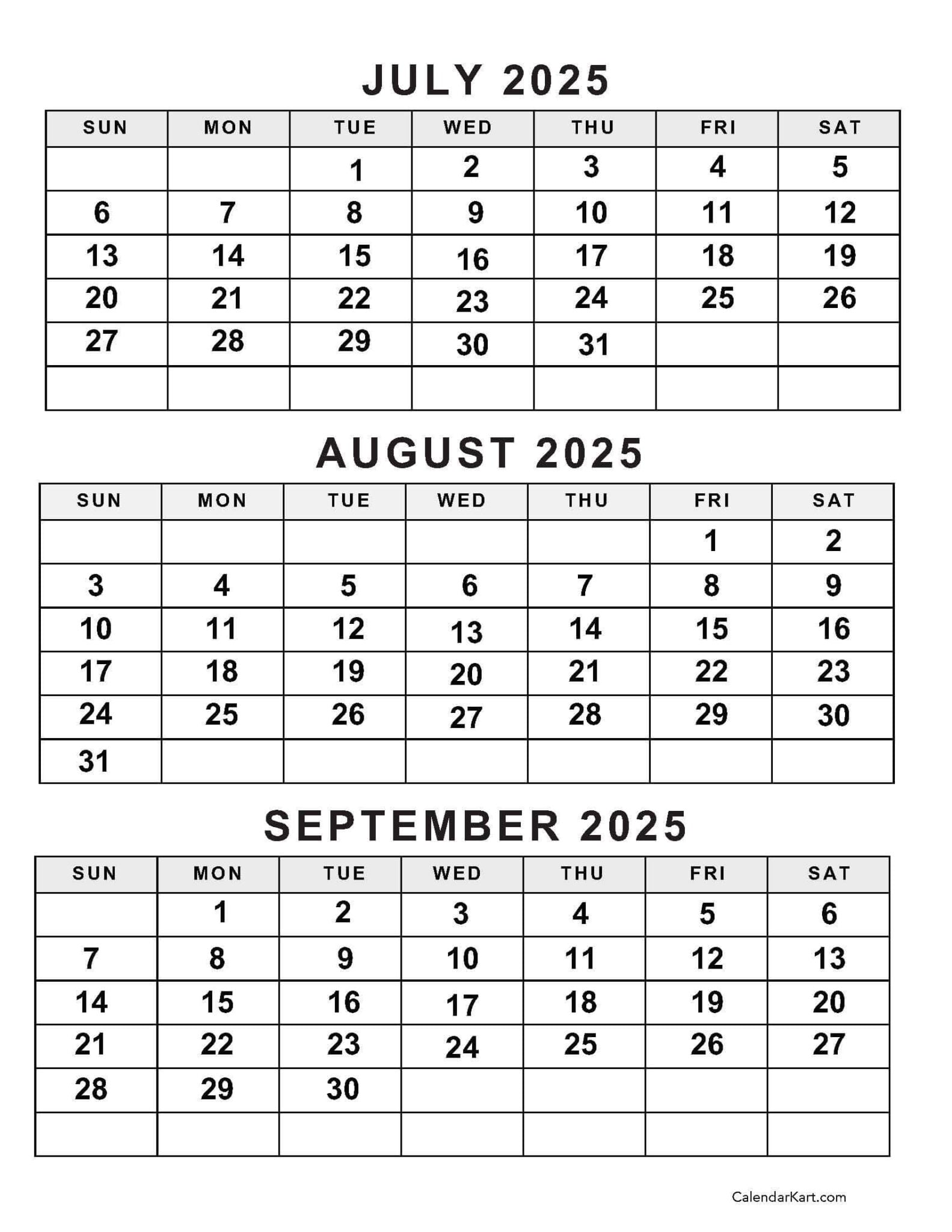 July to September 2025 Calendar (Q3) - CalendarKart