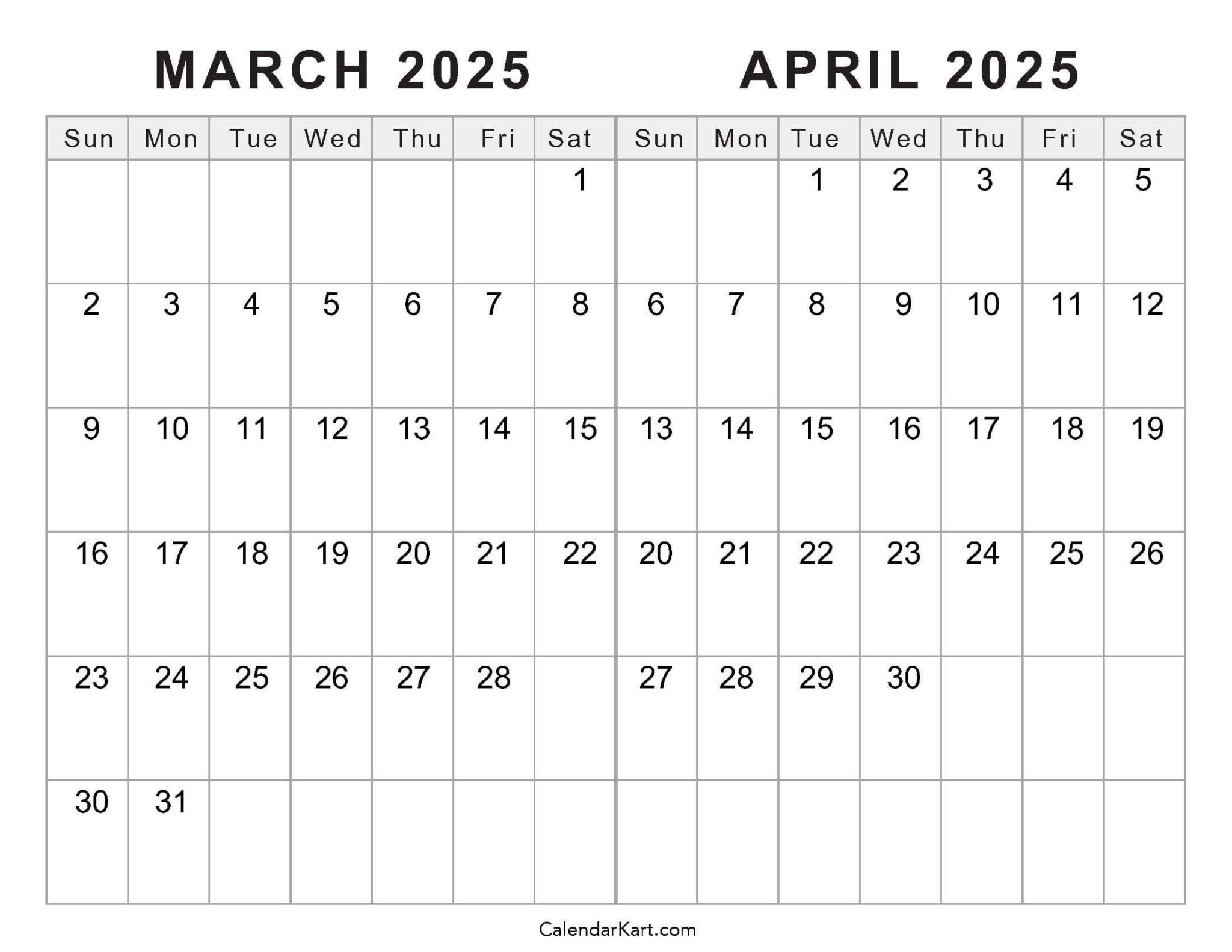 Printable March April 2025 Calendar | Calendarkart