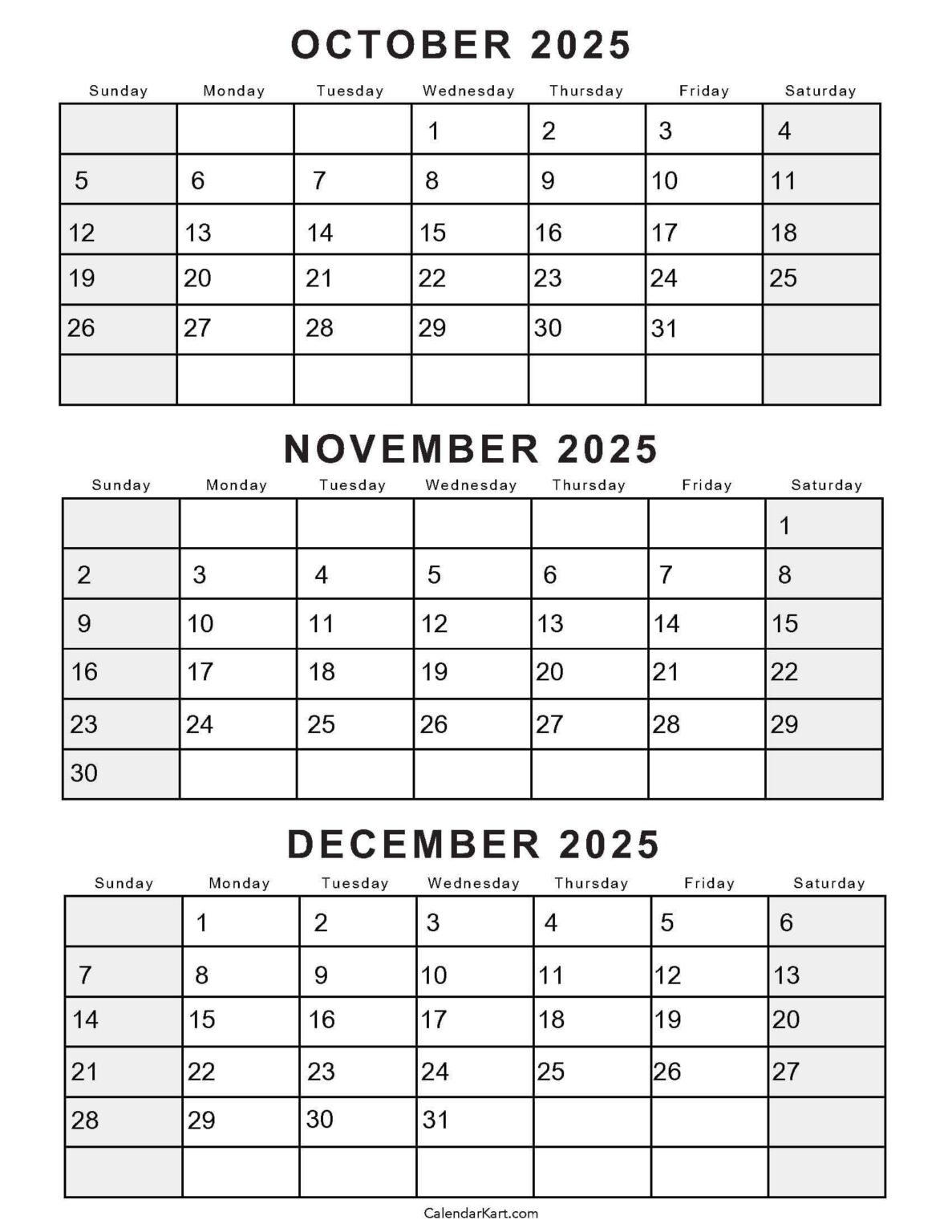 October to December 2025 Calendar (Q4) - CalendarKart