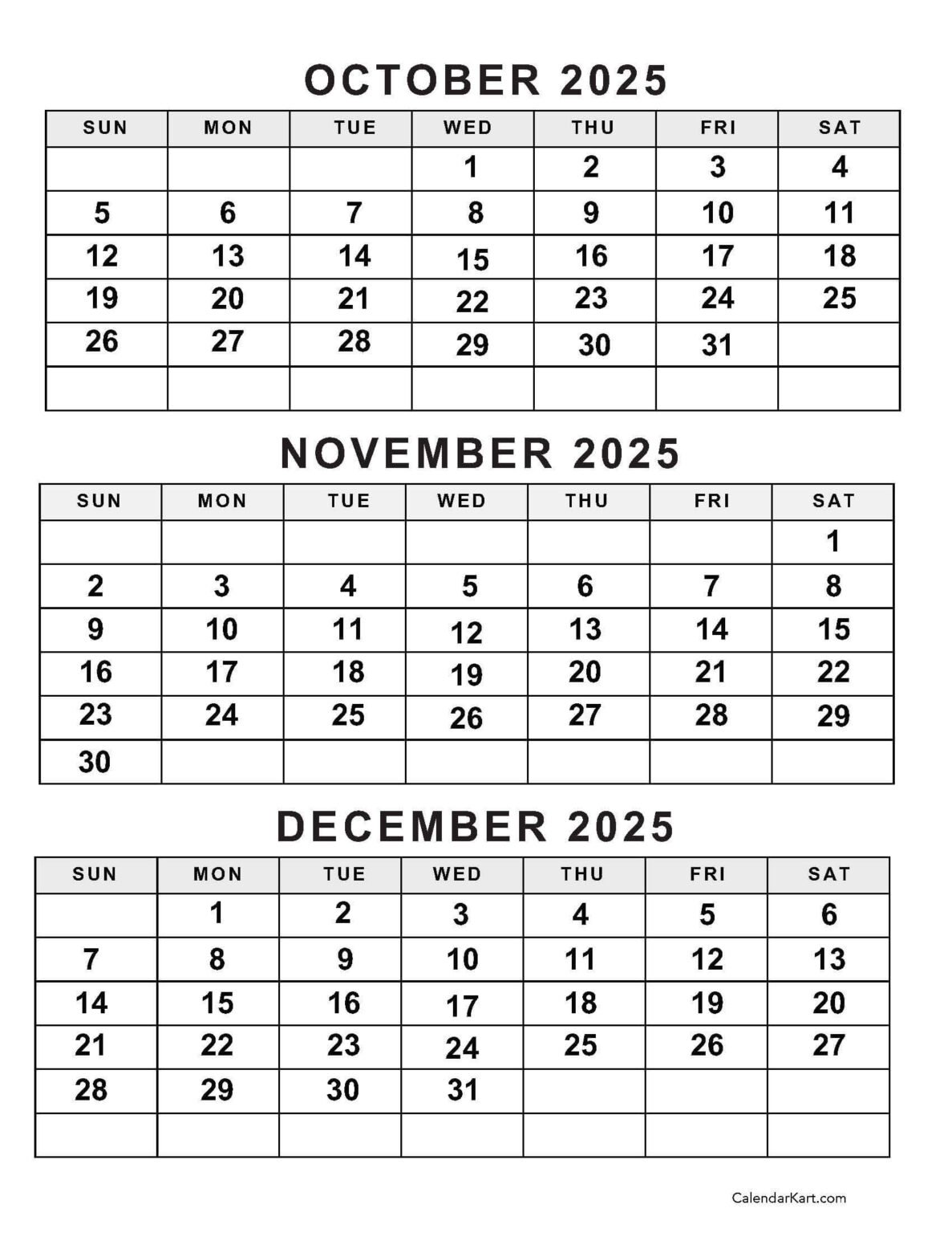 October to December 2025 Calendar (Q4) - CalendarKart