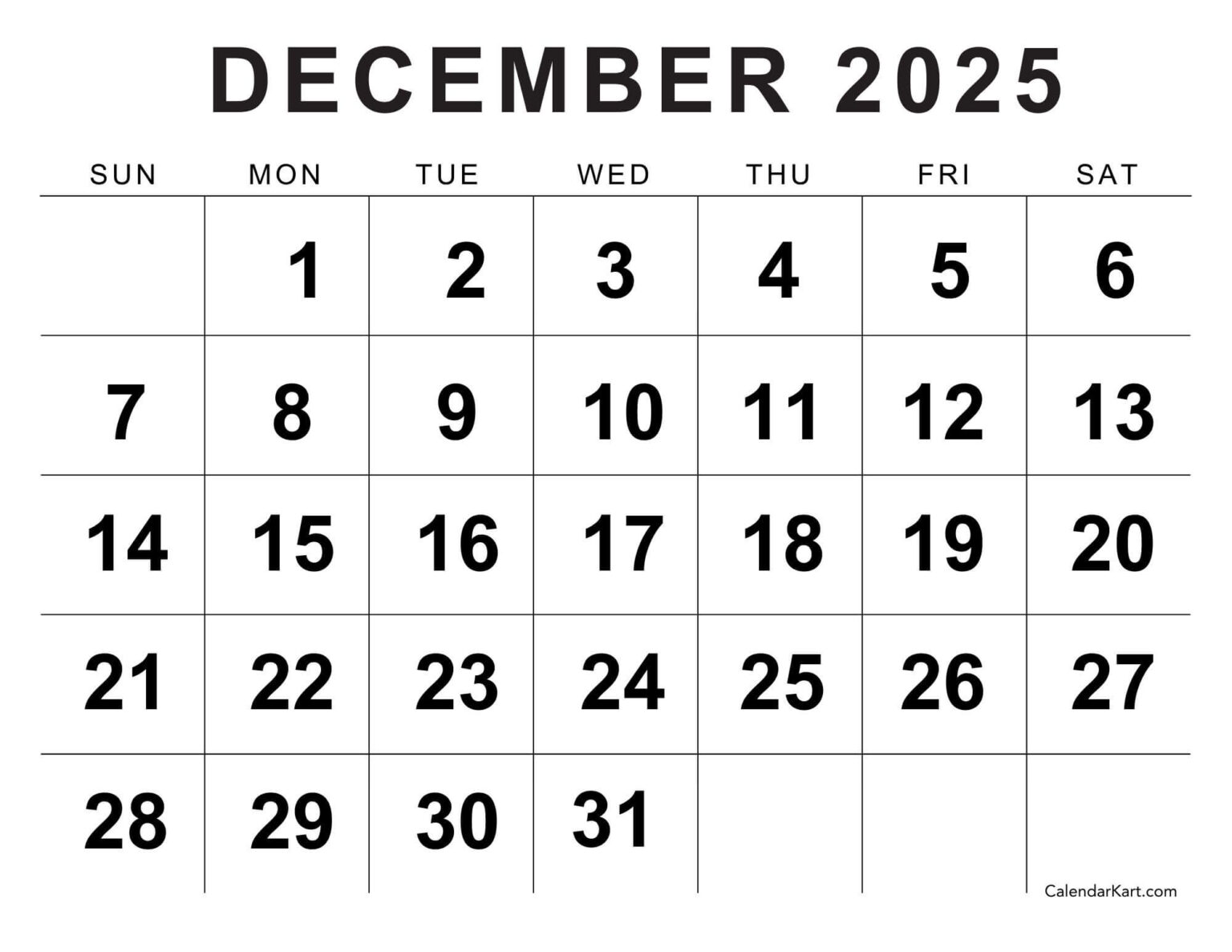 printable december 2025 calendars | free pdf - CalendarKart