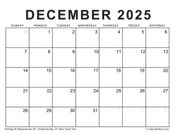 printable december 2025 calendars | free pdf - CalendarKart