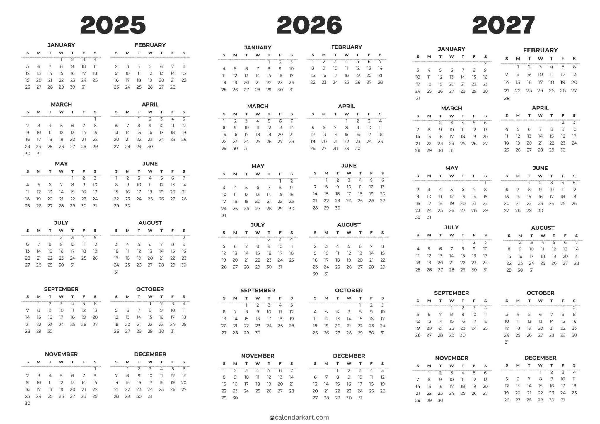 Free Printable Year At A Glance Calendar 2025 - CalendarKart