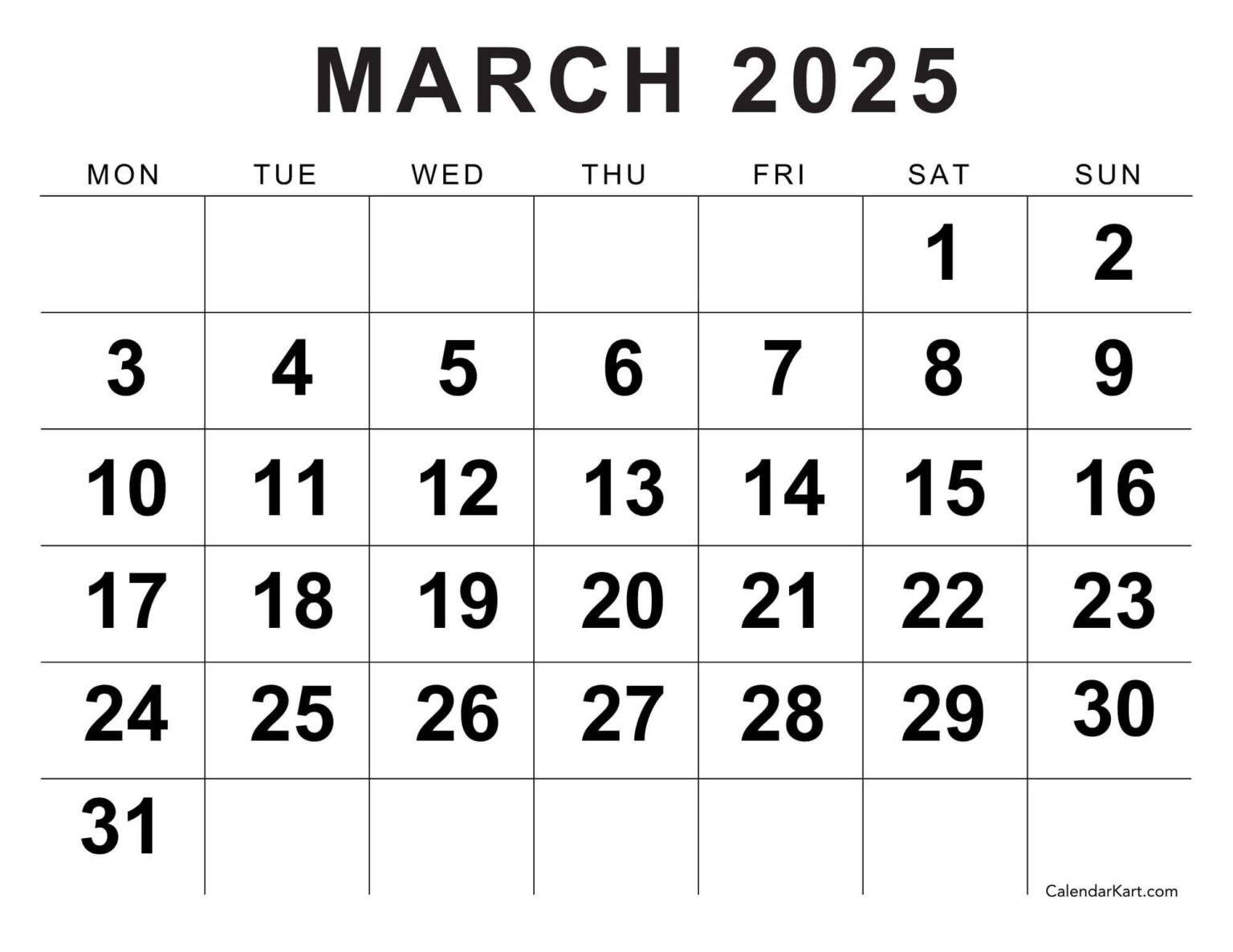 Download Free Printable March 2025 Calendar | Calendarkart
