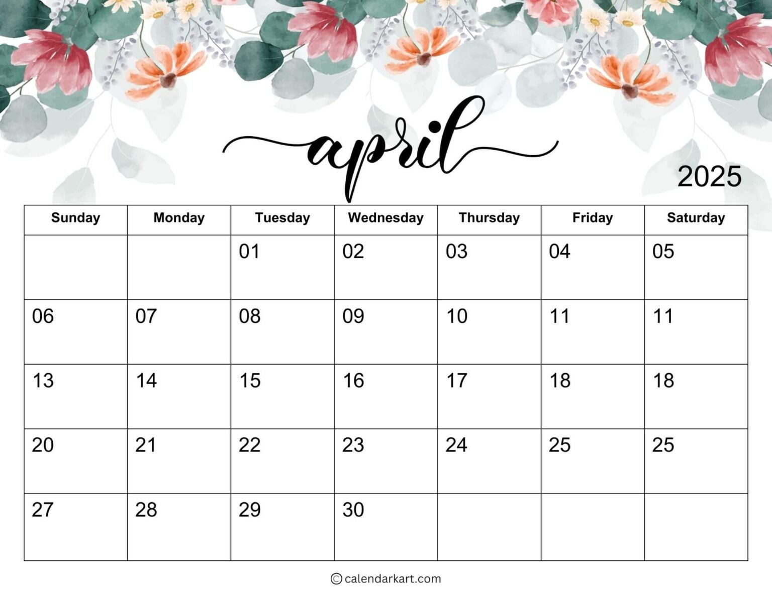 Free Printable April 2025 Calendars | 30 Free Printable PDF