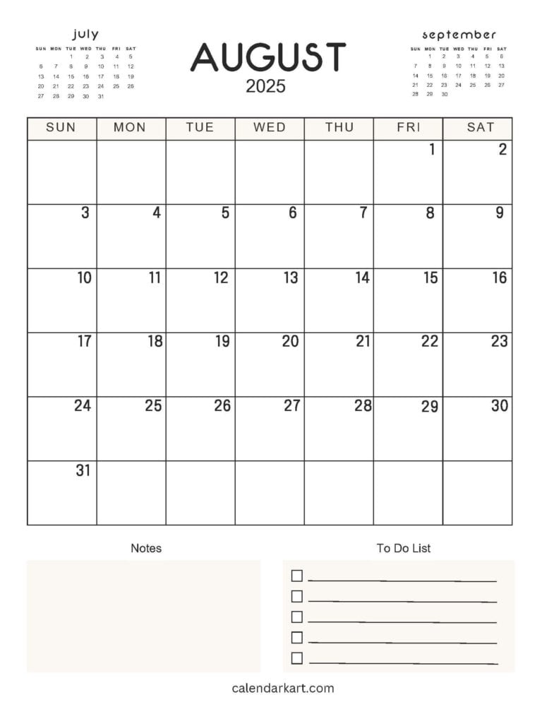 August 2025 Printable Calendars | Download Free PDF - CalendarKart