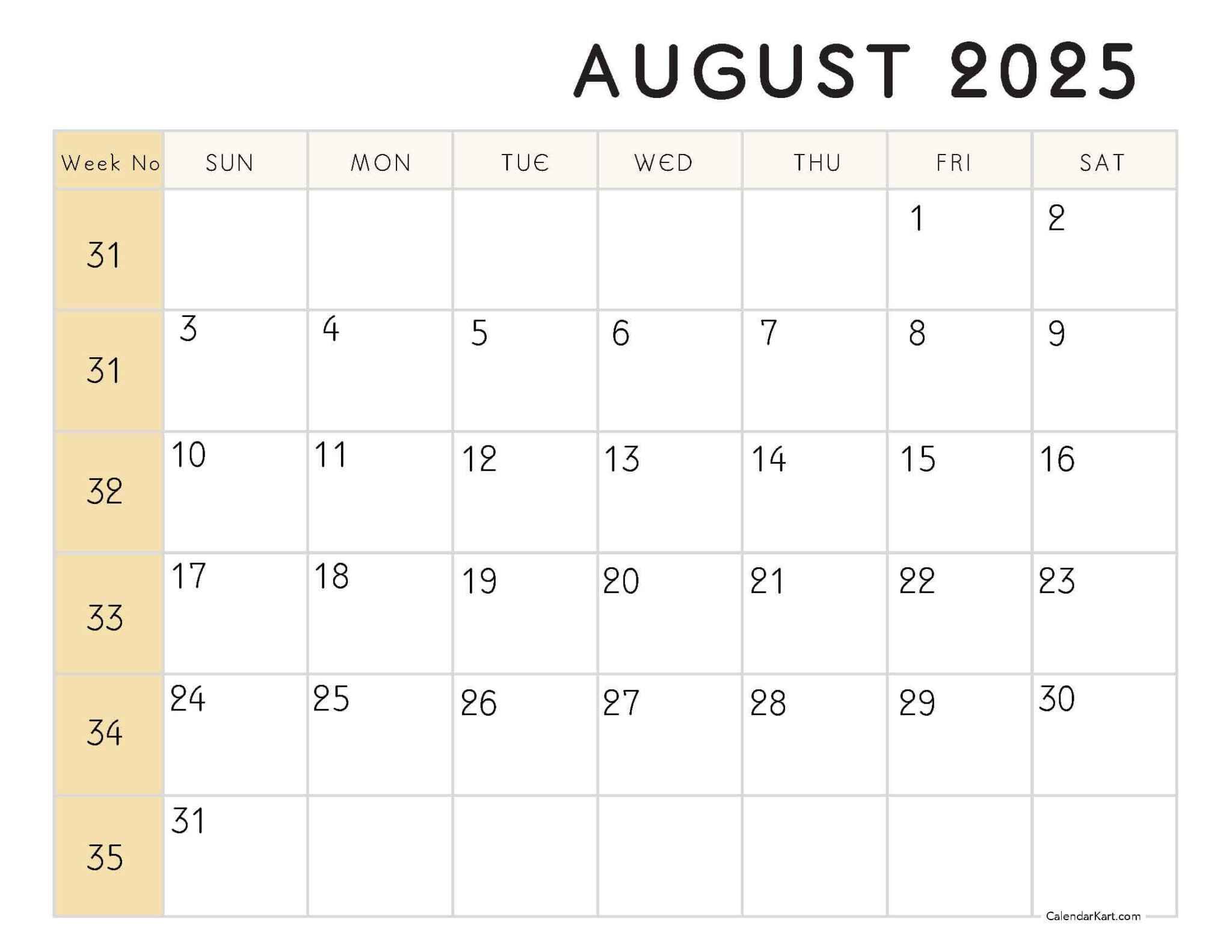 August 2025 Printable Calendars | Download Free PDF - CalendarKart