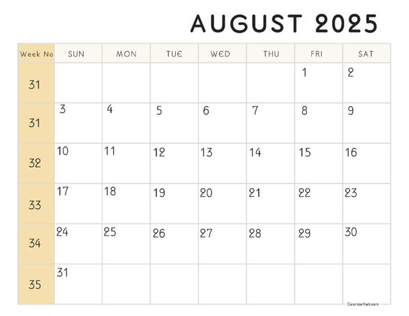 August 2025 Printable Calendars | Download Free PDF - CalendarKart