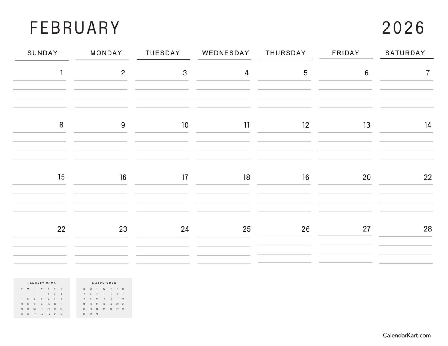 Free Printable February 2026 Calendars | 36 Designs - CalendarKart