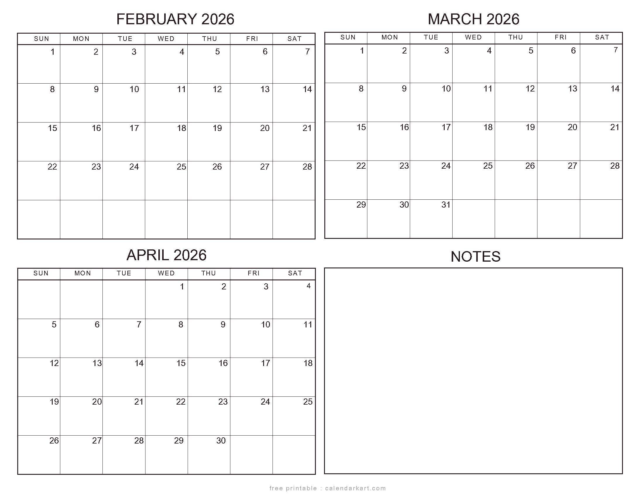 February-April 2026 Calendars (3 Month Planner) - CalendarKart