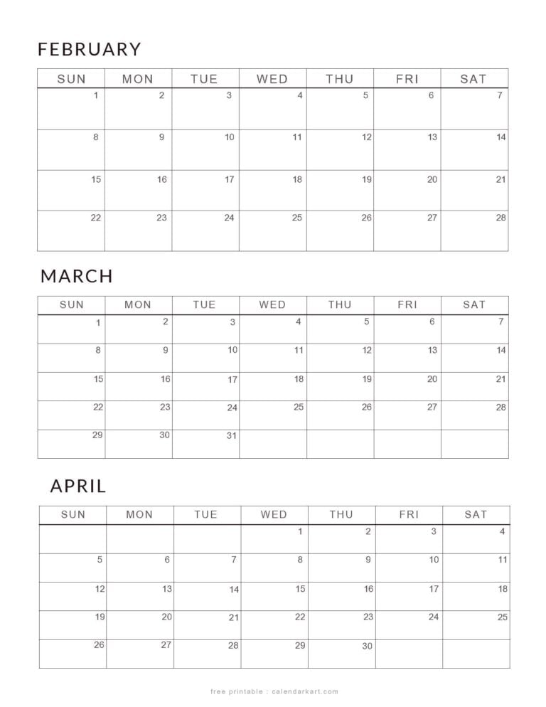 February-April 2026 Calendars (3 Month Planner) - CalendarKart