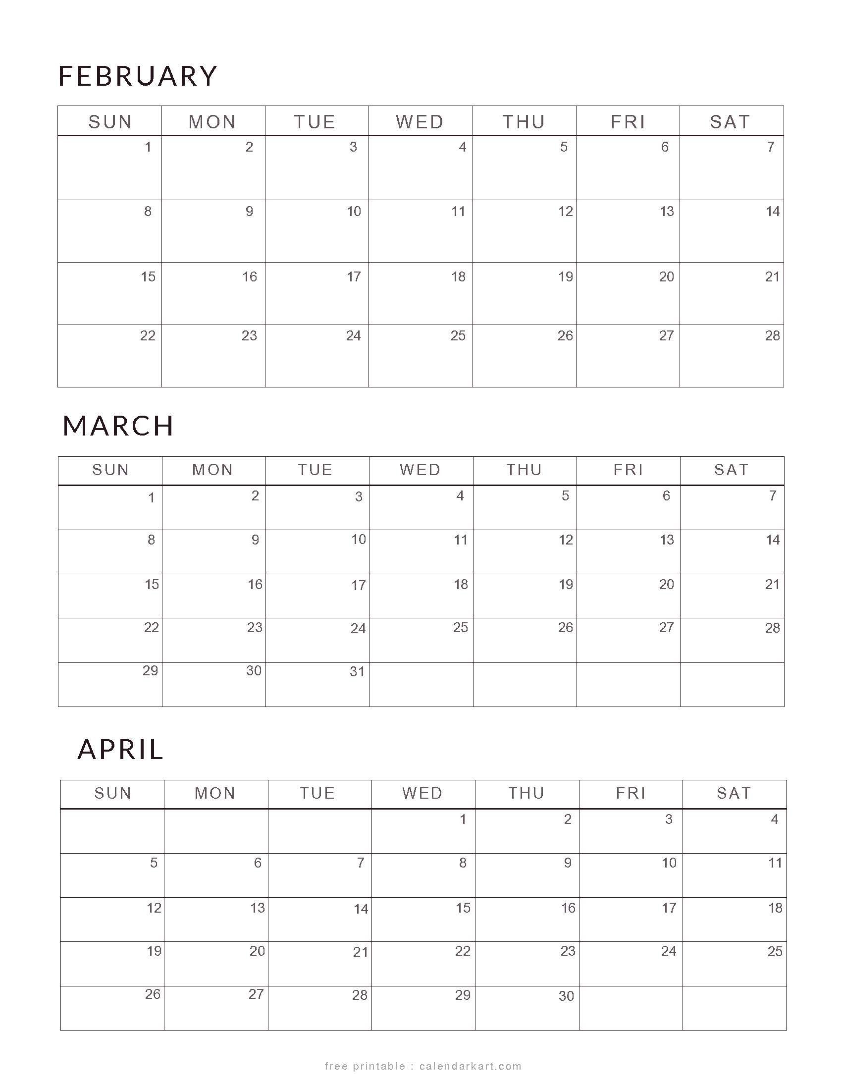 February-April 2026 Calendars (3 Month Planner) - CalendarKart