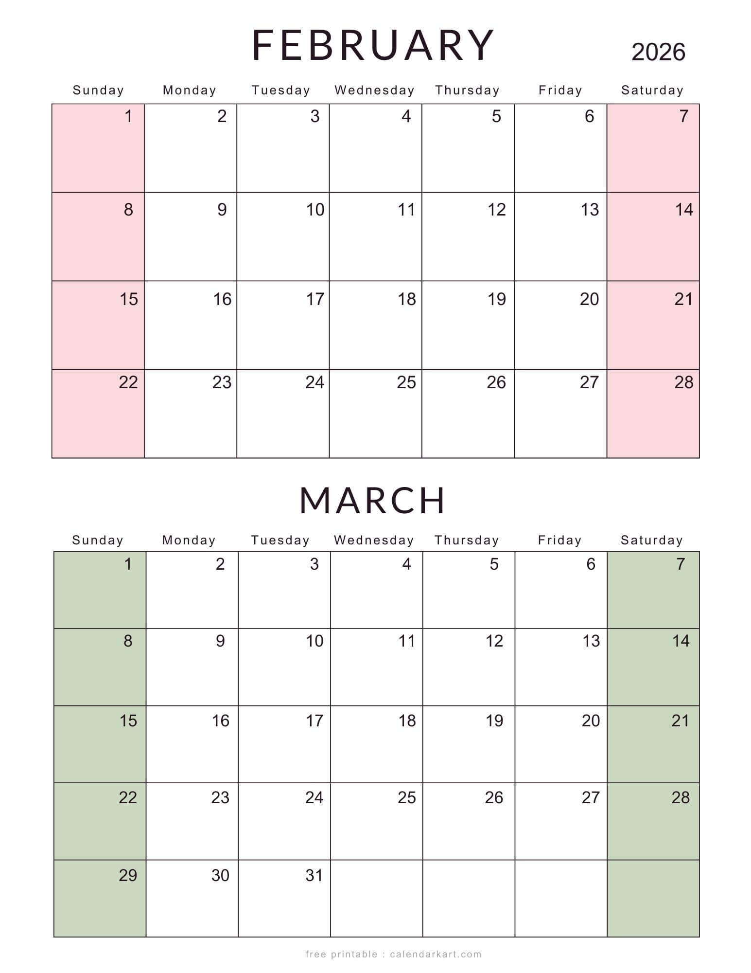 February-March 2026 Calendars - Free Printable PDFs - CalendarKart