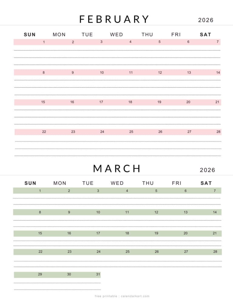 February March 2026 Calendars - Free Printable PDFs - CalendarKart