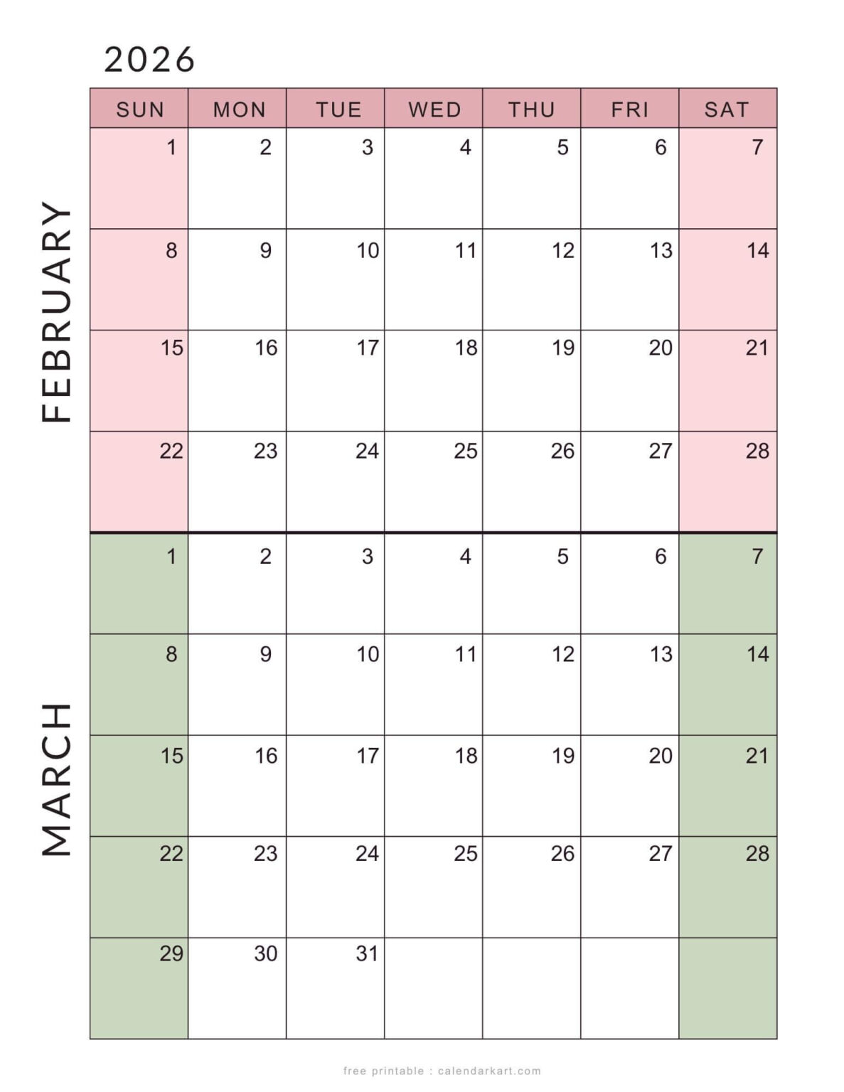 February March 2026 Calendars - Free Printable PDFs - CalendarKart