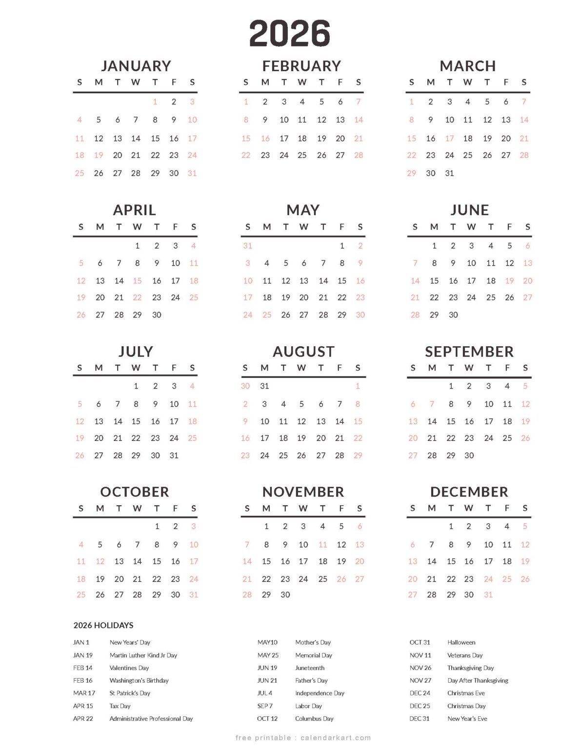 Printable 2026 Calendar Collection | PDF Yearly & Planner