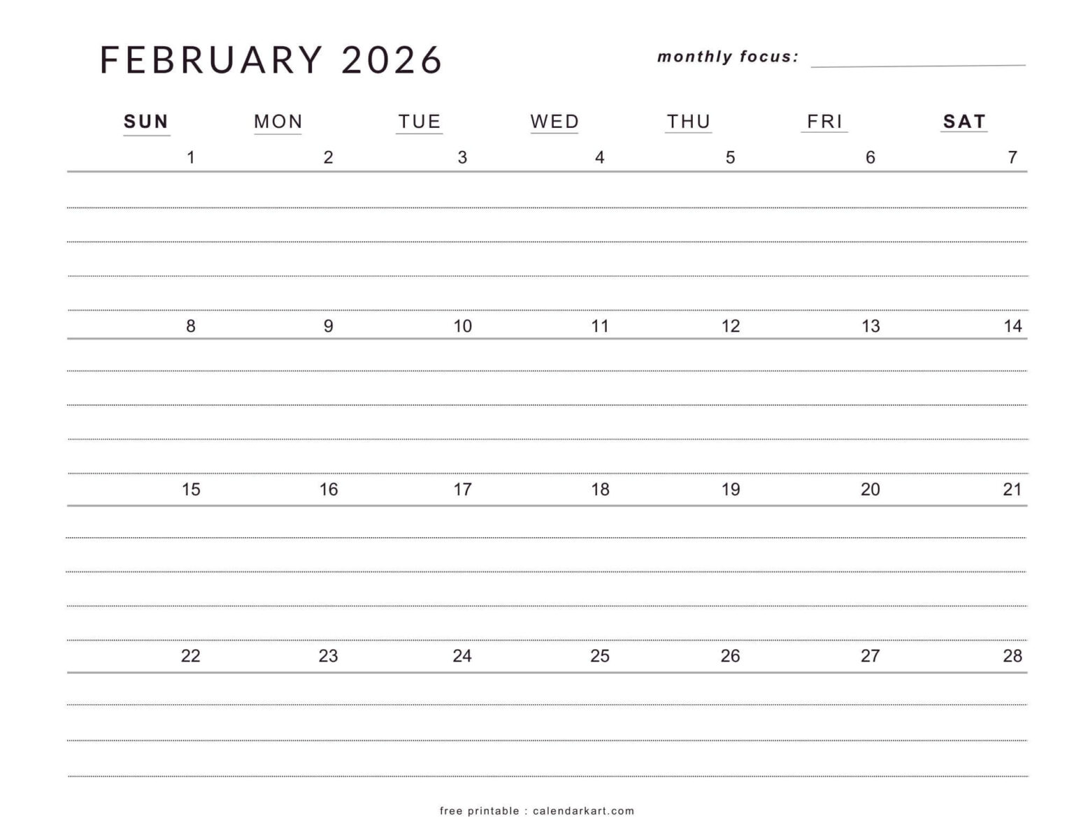 Free Printable February 2026 Calendar | PDF Templates