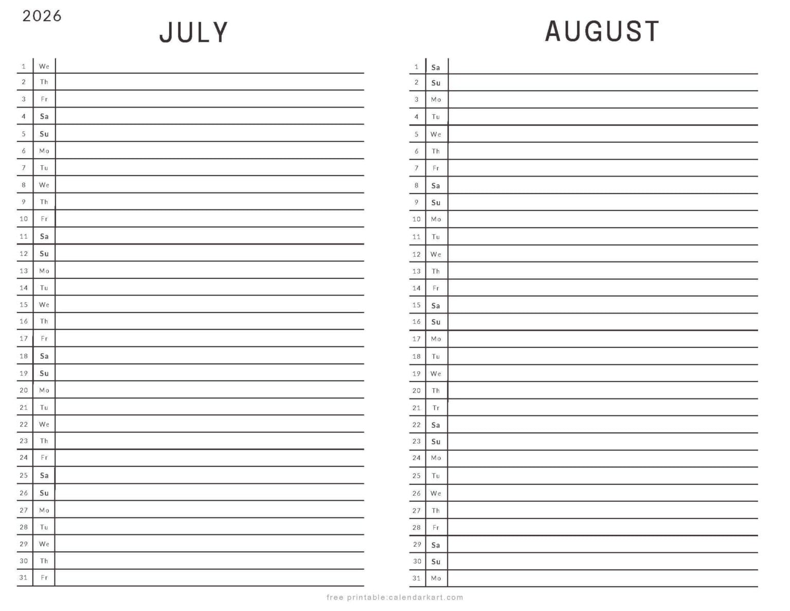 july august 2026 Calendars – Free Printable PDFs - CalendarKart