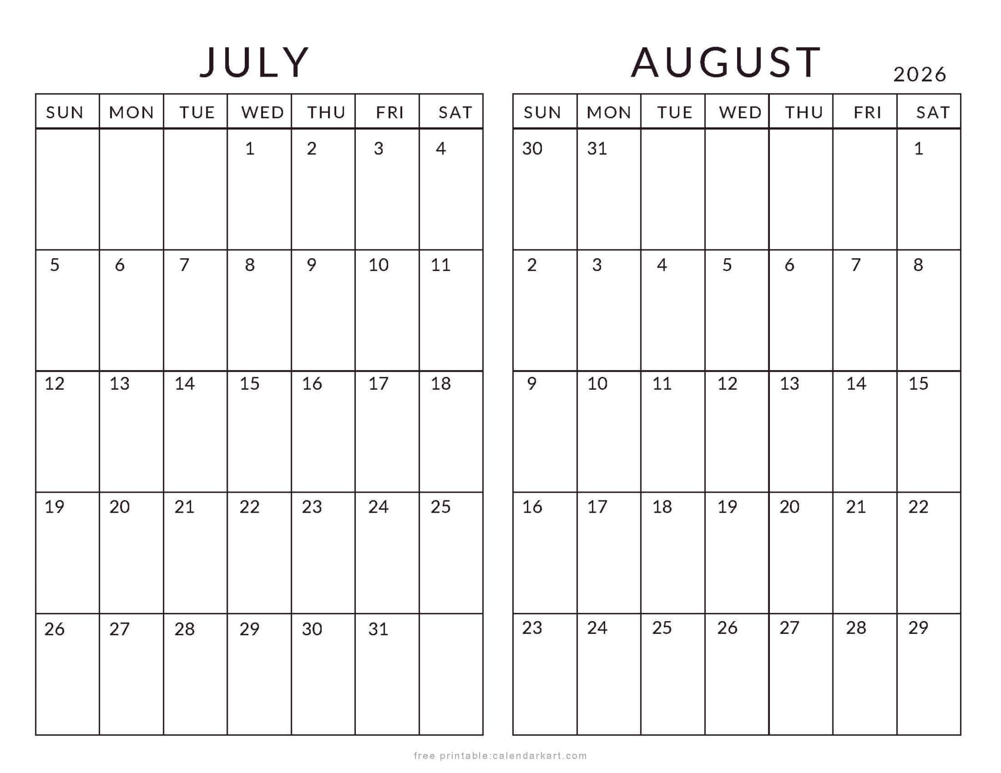 july august 2026 Calendars – Free Printable PDFs - CalendarKart