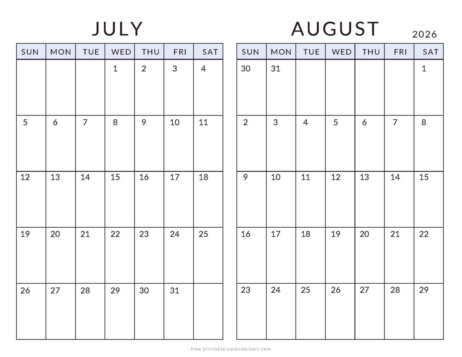 july august 2026 Calendars – Free Printable PDFs - CalendarKart
