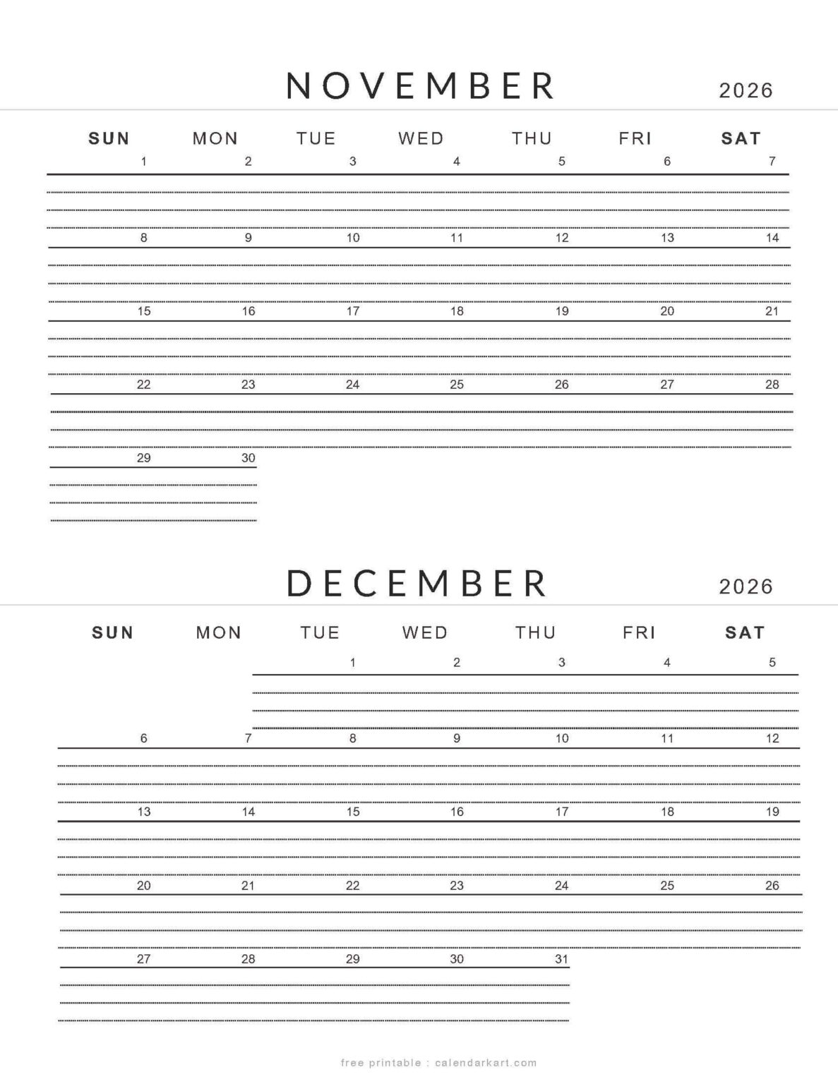 November December 2026 Calendars (Free PDF Templates)