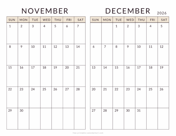 November December 2026 Calendars (Free PDF Templates)