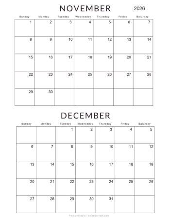 November December 2026 Calendars (Free PDF Templates)