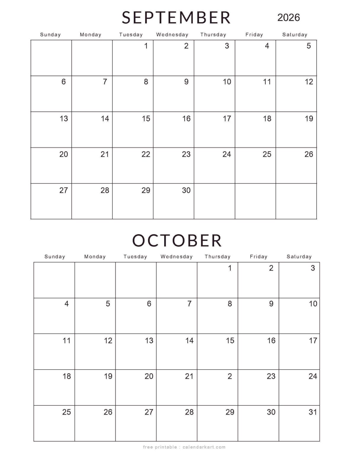 september october 2026 Calendars – Free Printable PDFs - CalendarKart