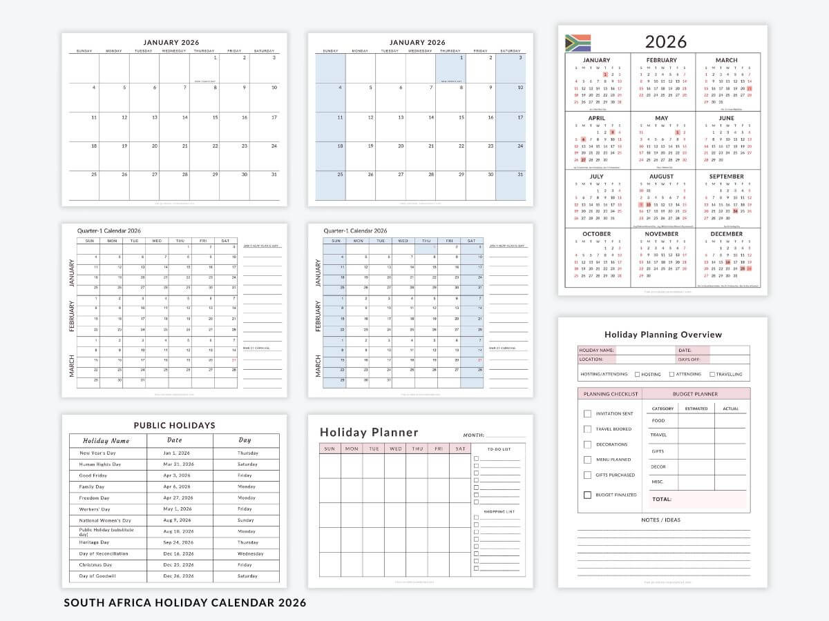 Free 2026 South Africa Holiday Calendars & Planning Sheets - CalendarKart