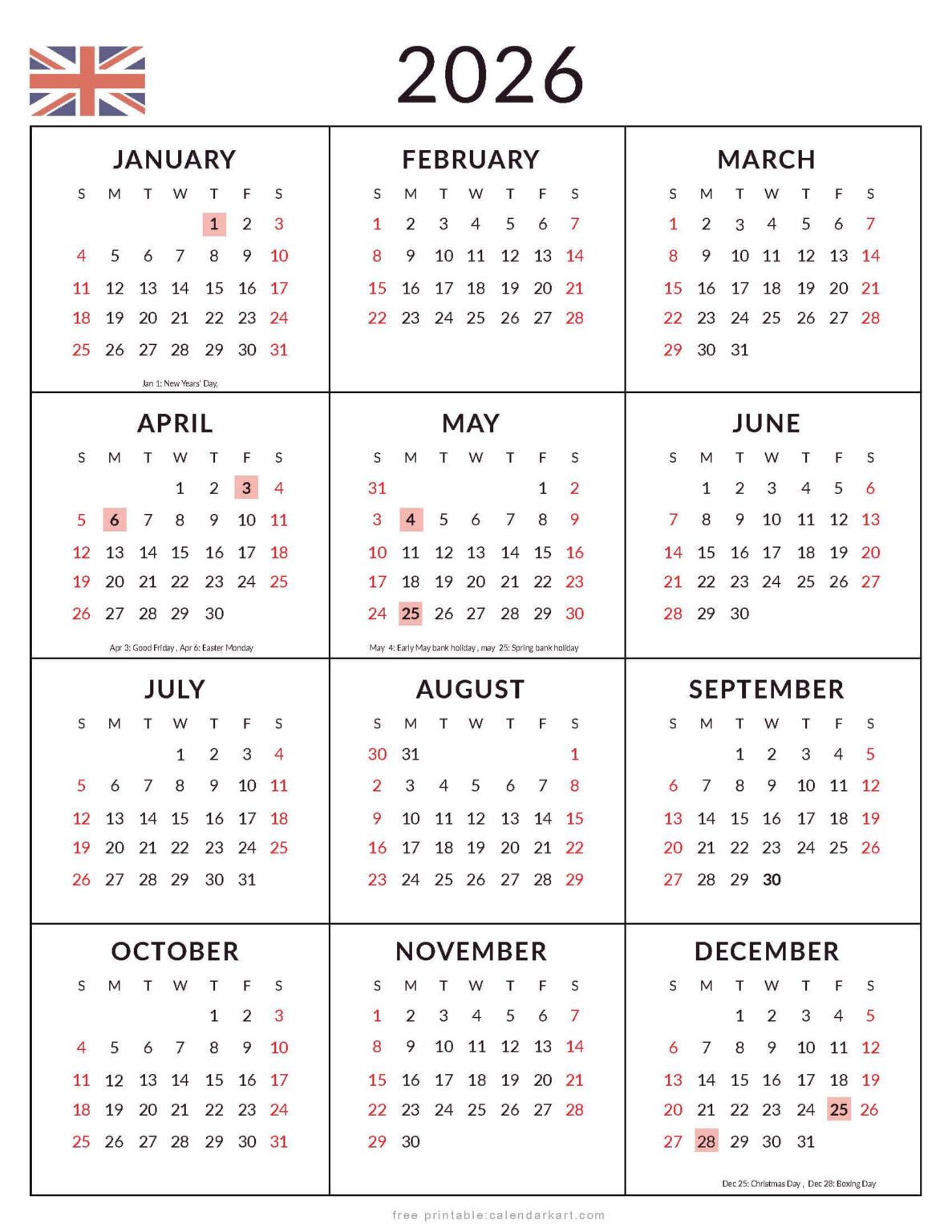 United Kingdom Calendars with Holidays 2026 | Free Printable