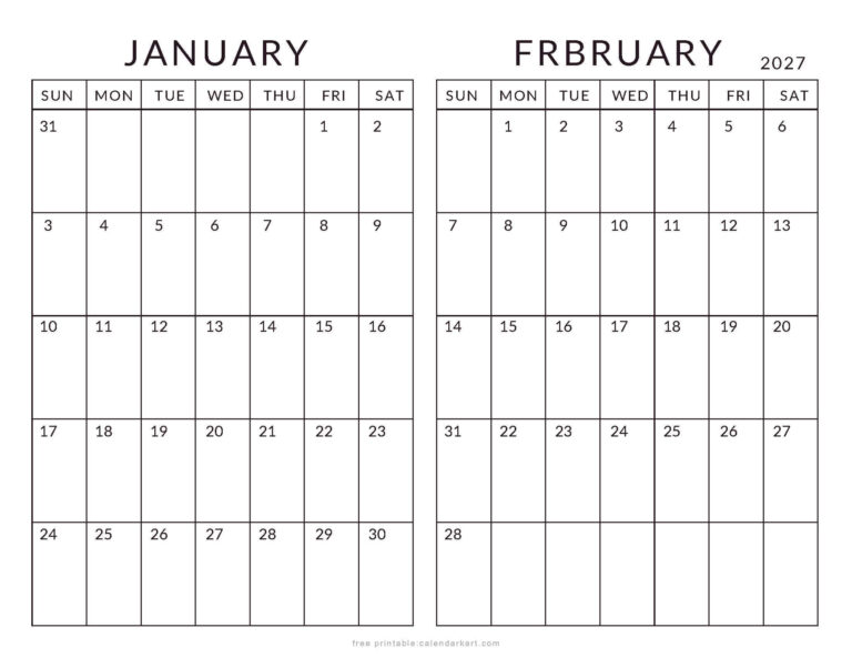 January February 2027 Calendars – Free Printable PDFs - CalendarKart