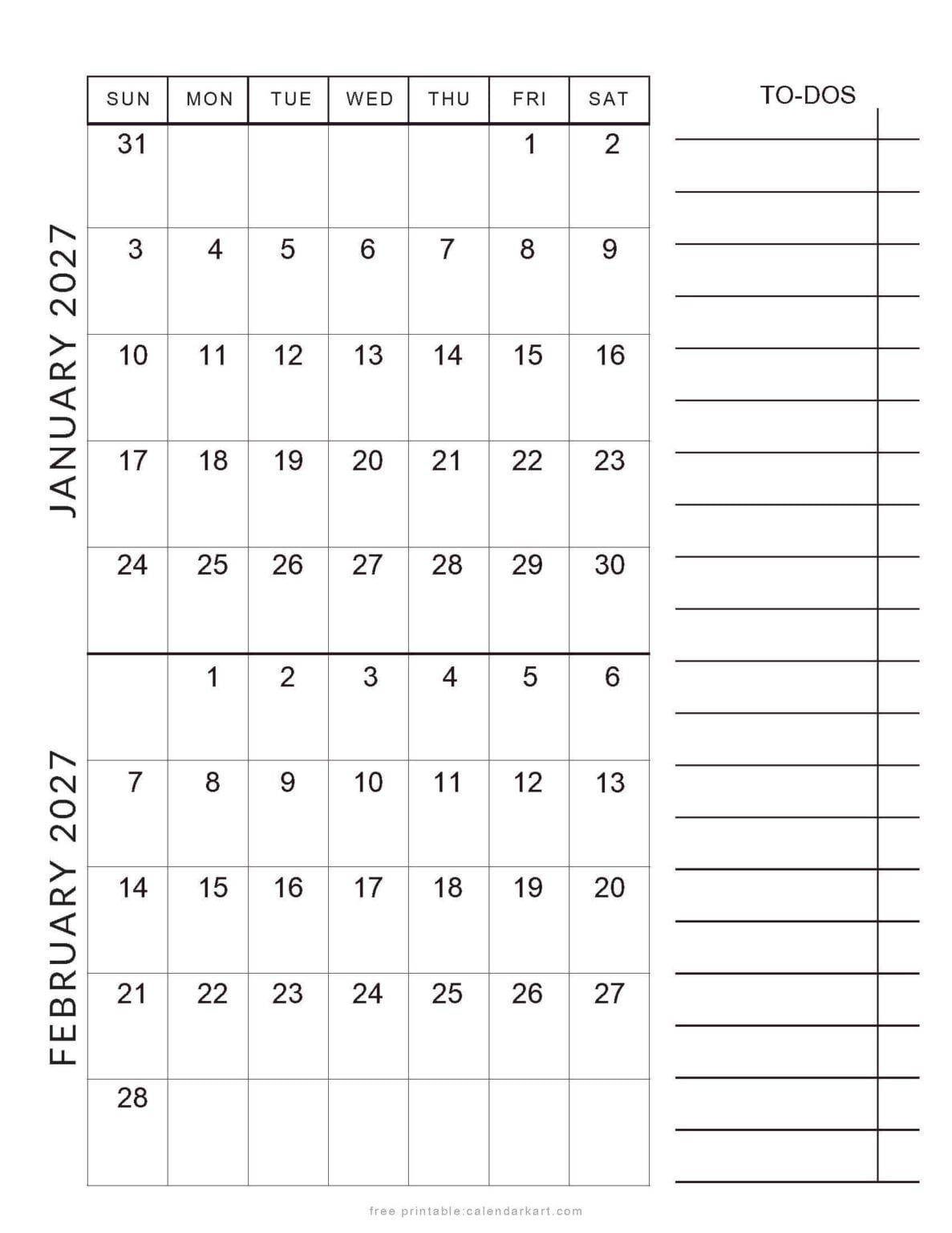 January February 2027 Calendars – Free Printable PDFs - CalendarKart