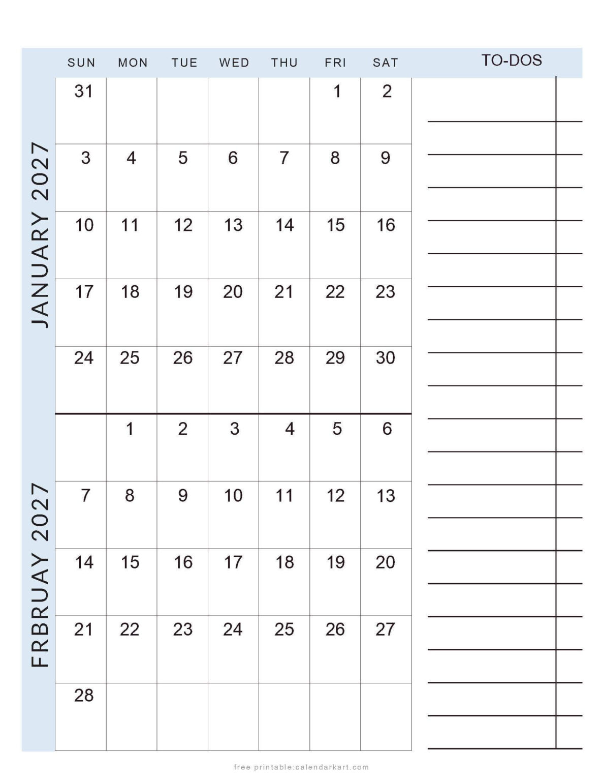 January February 2027 Calendars – Free Printable PDFs - CalendarKart