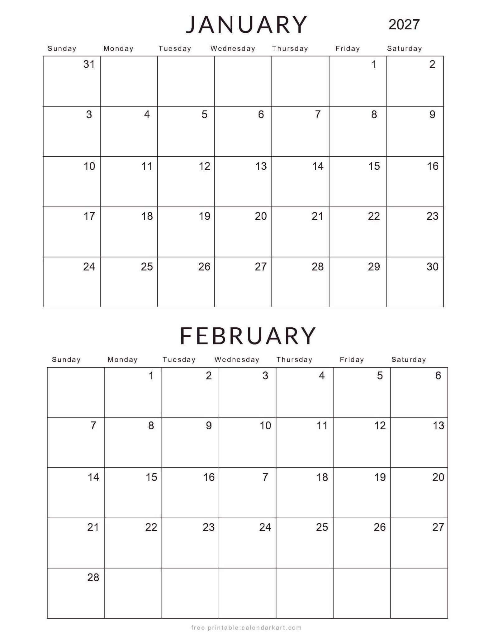 January February 2027 Calendars – Free Printable PDFs - CalendarKart