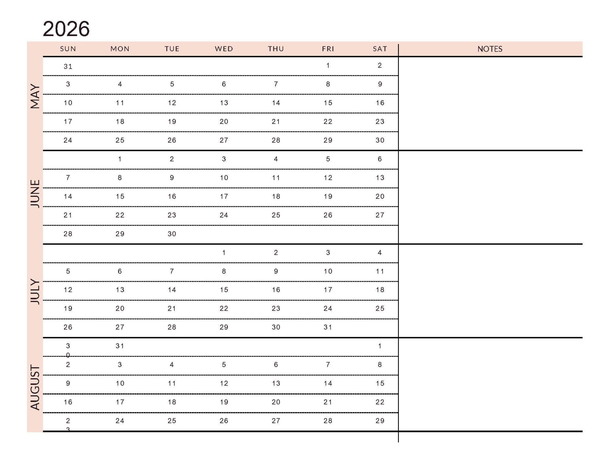May-August 2026 Calendar (4 Month Templates) - CalendarKart