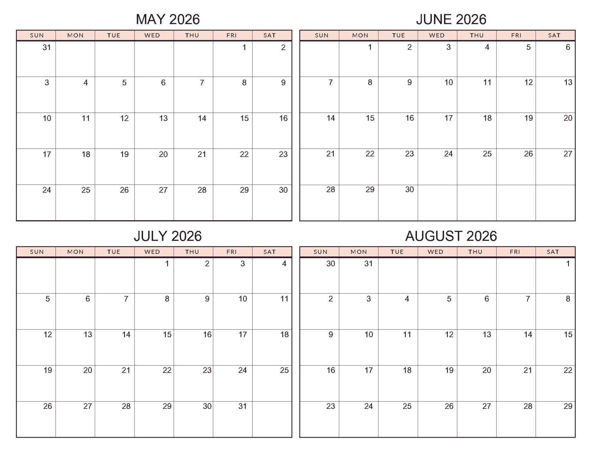 May-August 2026 Calendar (4 Month Templates) - CalendarKart