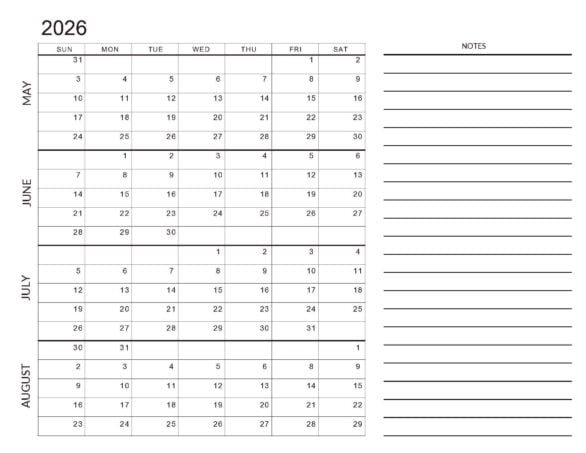May-August 2026 Calendar (4 Month Templates) - CalendarKart