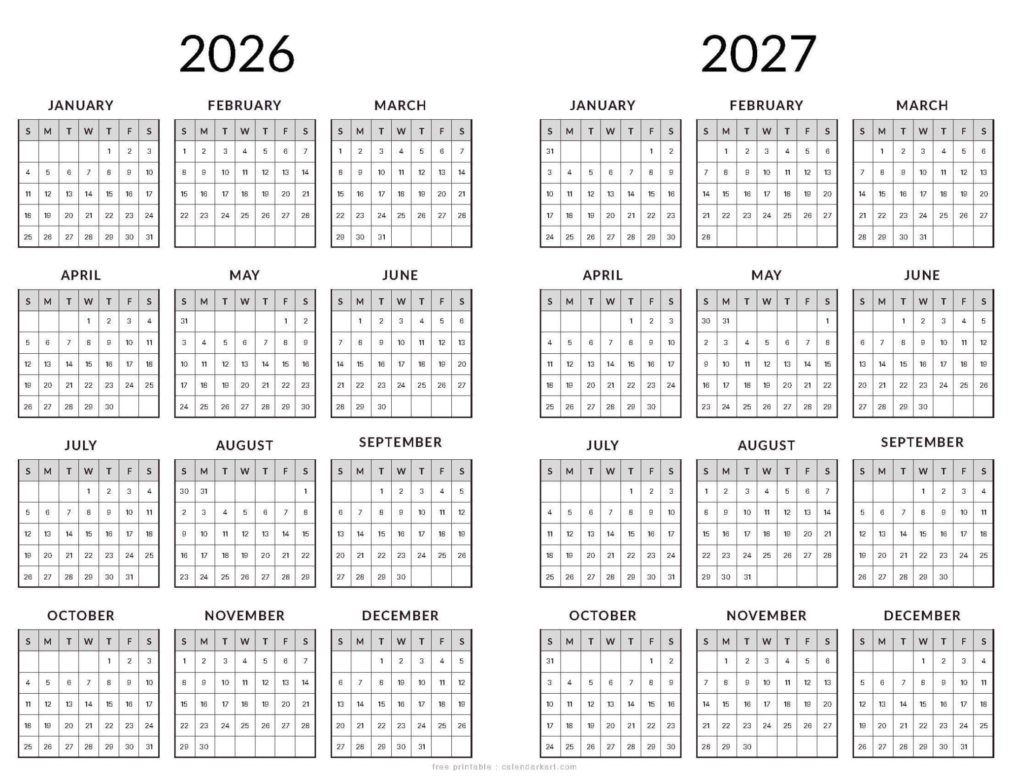 Free 2026-2027 Calendar Templates Printable PDF Downloads