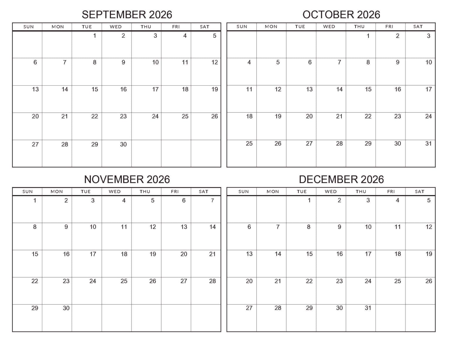 September To December 2026 Calendars Free Printable Pdfs