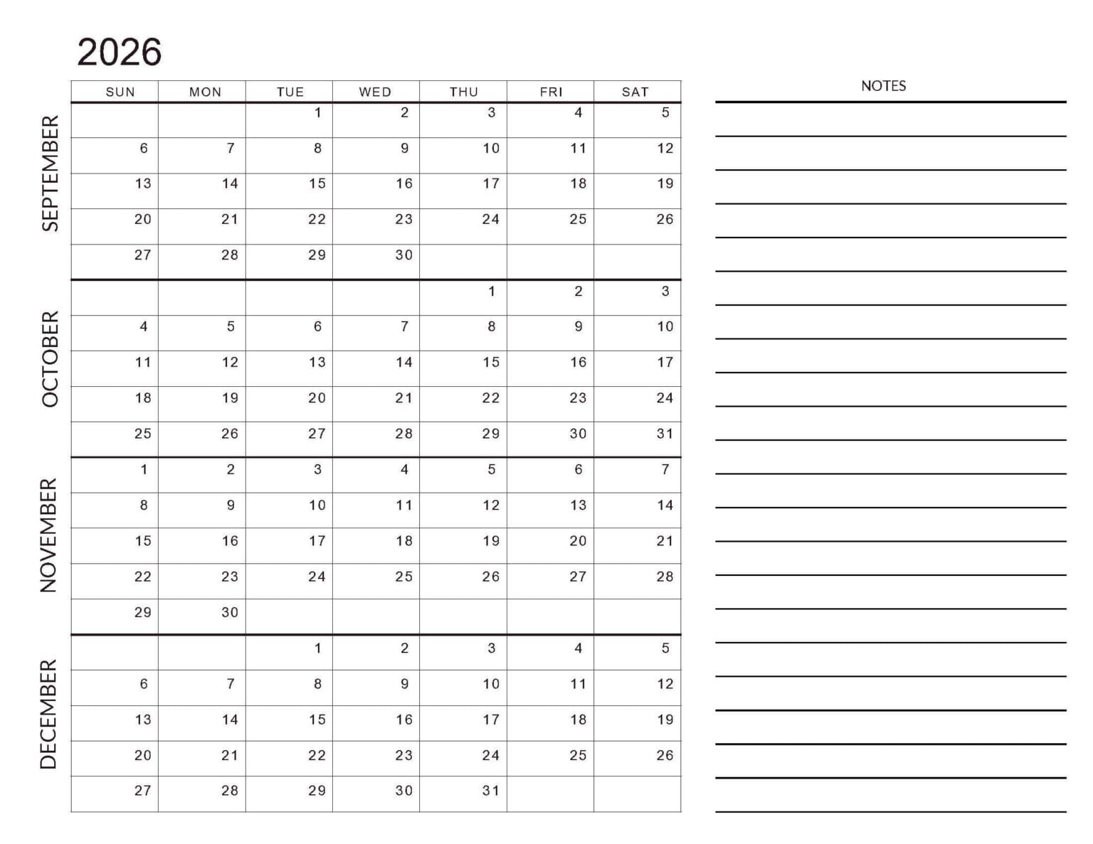 September to December 2026 Calendars | Free Printable PDFs